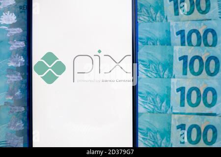 In this photo illustration the Pix powered by Banco Central logo seen ...
