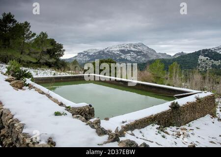 estanque de Binifaldó y Puig de Roig nevado, finca pública de Binifaldó ...
