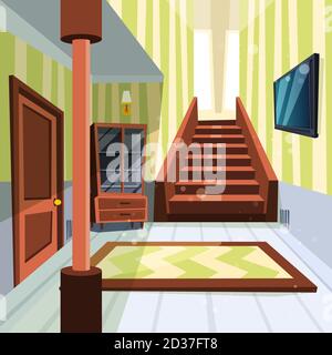 Cartoon hallway. House entrance interior with stairs and mirror ...