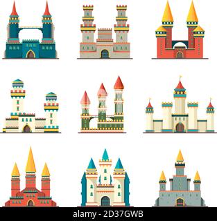Fairytale medieval towers. Cartoon royal kingdom towers, old ancient magic castles vector ...