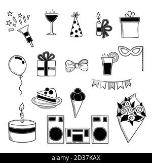 Party celebration icons. Fun events birthday games symbols fireworks ...