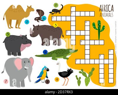 Word search puzzle game with African savannah safari animals, vector ...