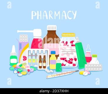 Cartoon medical drugs, pill containers or vitamin plastic bottles ...