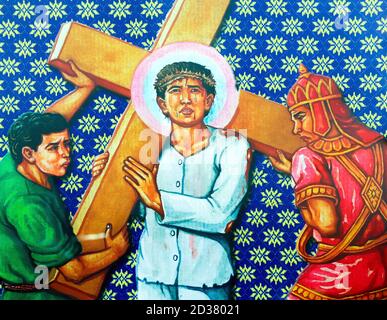 Asian depiction of the Way of the Cross Jesus Christ. Inside a catholic ...