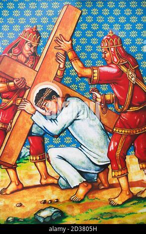 Asian depiction of the Way of the Cross Jesus Christ. Inside a catholic ...