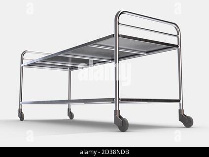 A simple stainless steel and chrome hospital or mortuary gurney with ...