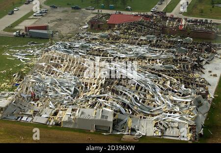 Aerial view of the path of destruction in the aftermath of an EF-5 ...