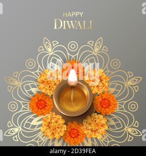 Diya lamp and Diwali rangoli decoration, vector Indian festival of ...