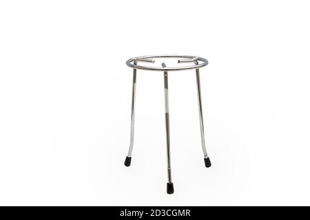 Glass laboratory beaker on Bunsen tripod with thermometer showing water ...