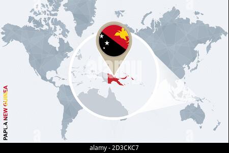 World map with magnified Papua New Guinea. Papua New Guinea flag and ...