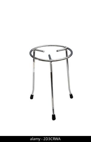 Glass laboratory beaker on Bunsen tripod with thermometer showing water ...