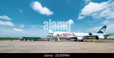 nose cargo loading door of a Boeing 747-200F opening at dawn Stock ...
