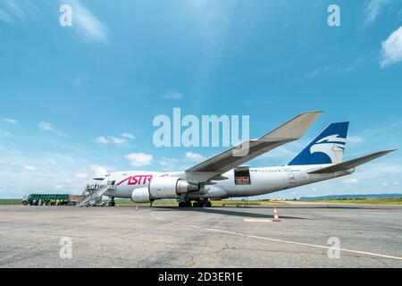 nose cargo loading door of a Boeing 747-200F opening at dawn Stock ...