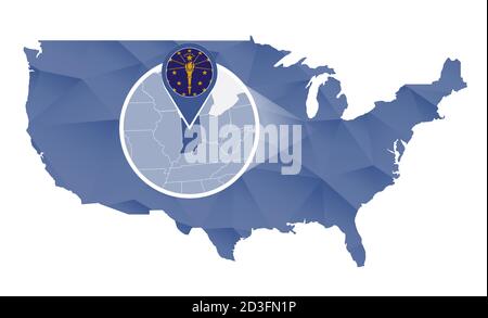 State of Indiana on blue map of United States of America. Flag and map ...