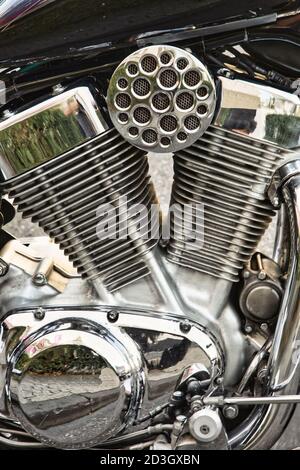 Shiny black motorcycle engine and gearbox block. Close-up Stock Photo ...