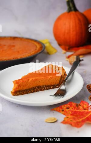 Homemade Pumpkin pie served in a dessert plate, selective focus ...