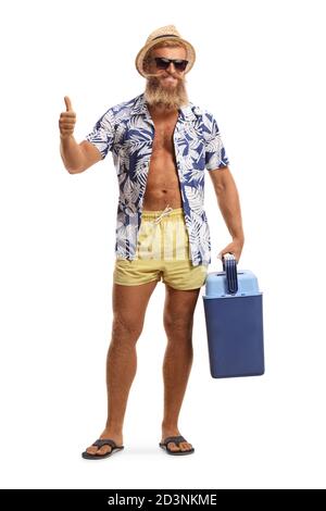 Portrait of a bearded man in swimming goggles underwater. Summer active ...
