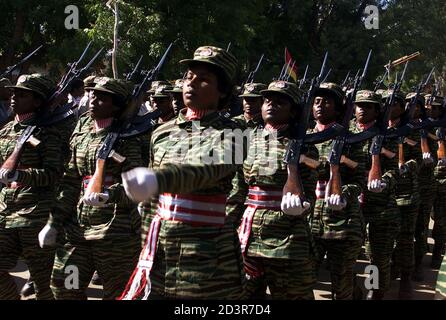 Sri Lanka: Female LTTE (Liberation Tigers of Tamil Eelam) soldier posing for LTTE publicity ...