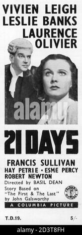 21 DAYS, (aka 21 DAYS TOGETHER), Vivien Leigh, embracing Laurence ...