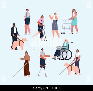 disability people cartoons with wheelchair prosthesis and cast vector ...