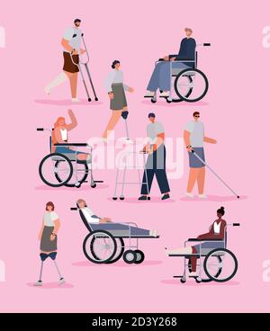 disability women cartoons with wheelchair prosthesis cane and cast ...