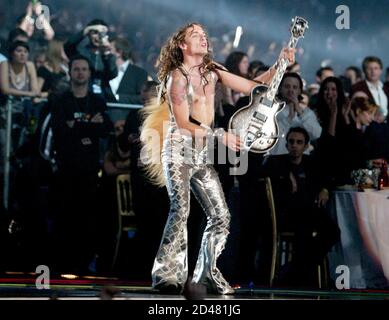 Justin Hawkins lead singer with rock band The Darkness performs live at ...