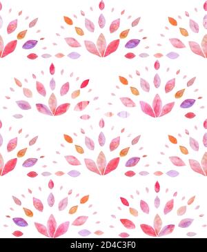 Mandala like decoration leaves in a circle. Floral watercolor pink red ...