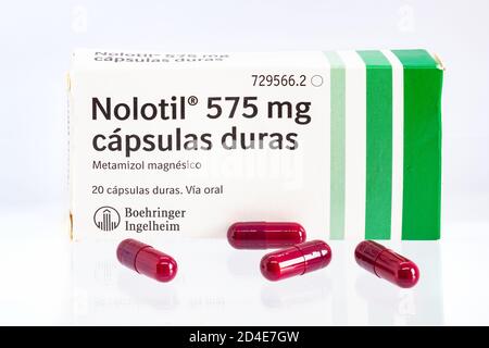 Huelva, Spain-October 9,2020: Spanish Box of Metamizole brand Nolotil ...