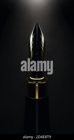 A closeup view of an ornate fountain pen drawing a straight illuminated ...