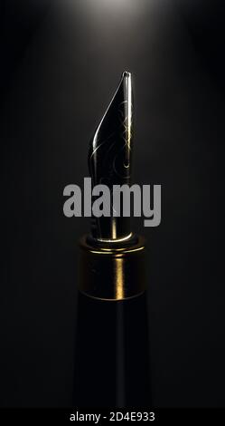 A closeup view of an ornate fountain pen drawing a straight illuminated ...
