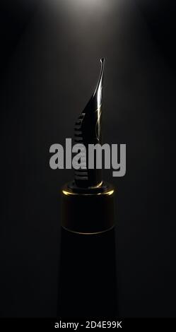 A closeup view of an ornate fountain pen drawing a straight illuminated ...