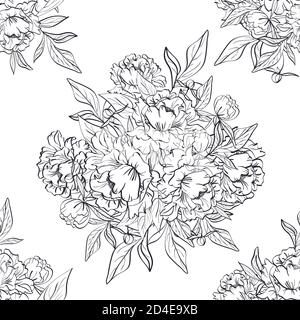 Peony flower seamless pattern line drawing. Vector hand drawn engraved ...