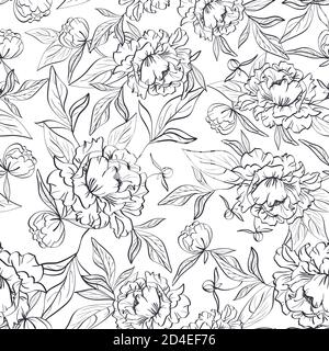 Peony flower seamless pattern line drawing. Vector hand drawn engraved ...