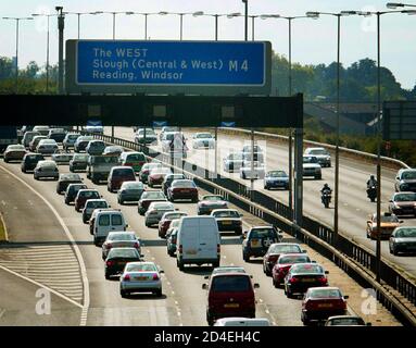The busy M4 motorway west of London photographed looking East from an ...