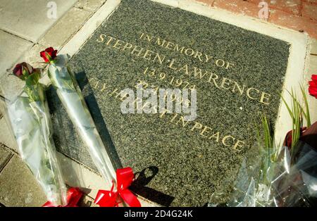 Plaque where Stephen Lawrence was murdered in Eltham, South East London ...