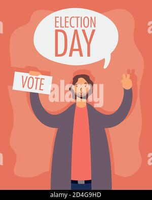 election day lettering in speech bubble with young woman lifting voting ...