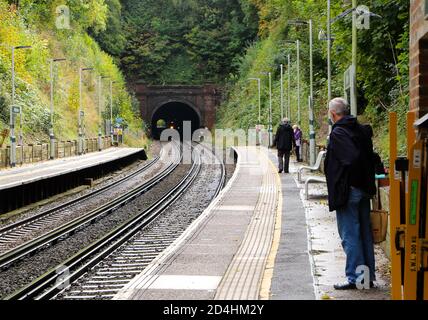 Riddlesdown station early morning with empty platforms waiting for a ...