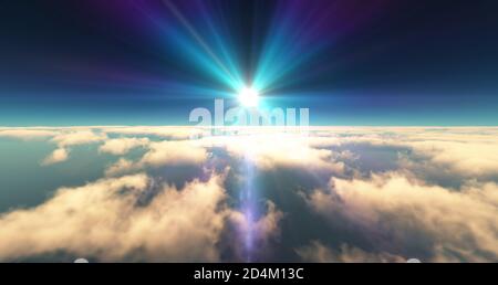 fly above clouds sunset landscape, 3d render illustration Stock Photo ...