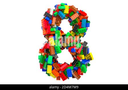 Number 4 from colored plastic building blocks, 3D rendering isolated on ...