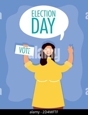 election day lettering in speech bubble with young woman lifting voting ...