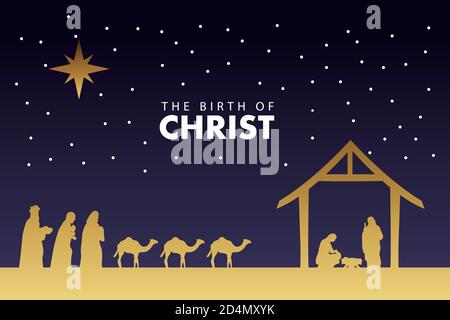 Merry Christmas golden Nativity scene with Holy family and calligraphy ...