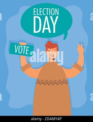 election day lettering in speech bubble with young woman lifting voting ...