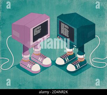 Funny old computer pop characters looking at each other and ...