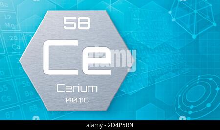 Cerium Ce chemical element. Cerium Sign with atomic number. Chemical 58 ...
