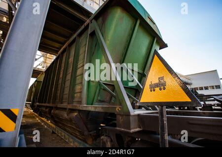 Hopper car railroad terminal. Phosphate fertilizers plant. Wagon wheel ...