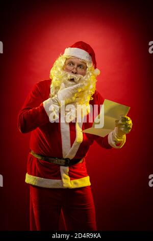 Blank letter to Santa with eyeglasses, Christmas gifts and cookies on ...