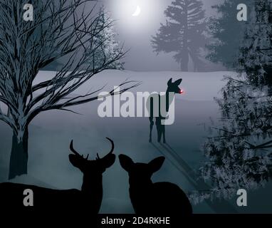 Wild deer are seen at night in the moonlight on snow in a nature winter ...
