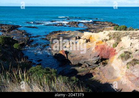 Coloured cliffs at Matakaea Scenic Reserve, Shag Point, near Moeraki ...
