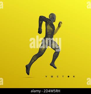 Running man. 3D model of man. Black and white grainy design. Stippling ...