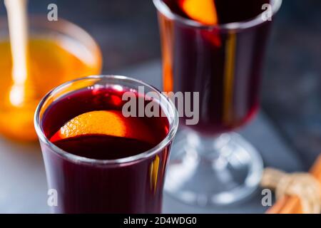 Mulled wine on a slate board. Two glasses of hot mulled wine and ...